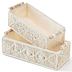 Taufey Macrame Storage Baskets Boho Decor Box Handmade Woven Decorative Countertop Toilet Tank Shelf Cabinet Organizer for Bedroom Living Room Nursery, Set of 2