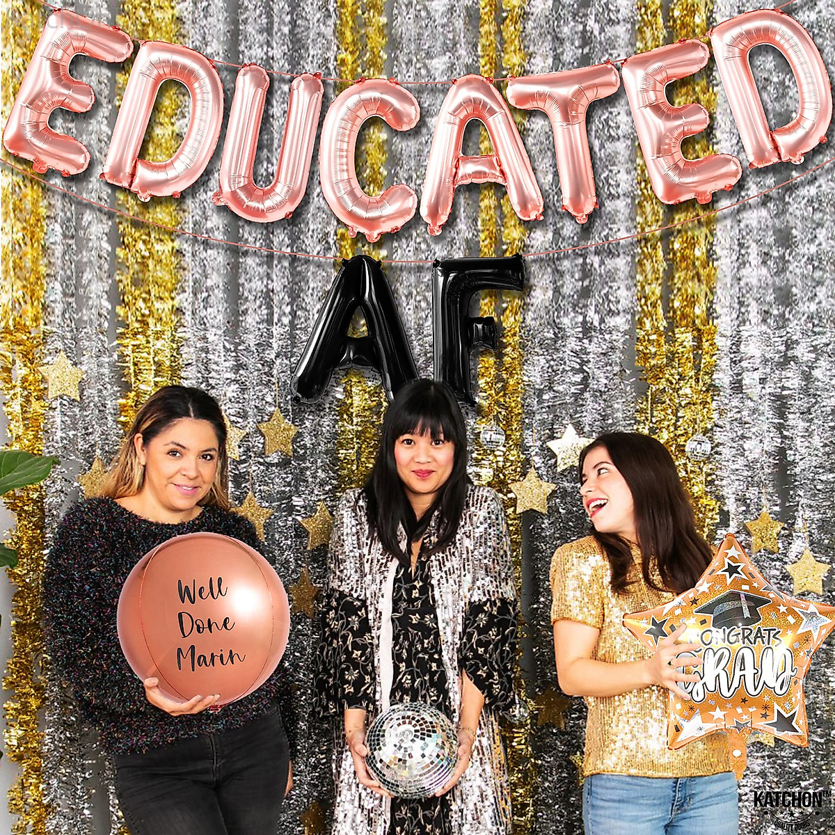 KatchOn, Rose Gold Educated AF Balloons Banner - 16 Inch | Educated AF Graduation Balloons for Graduation Decorations Class of 2024 | Educated AF Graduation Banner, 2024 Graduation Party Decorations