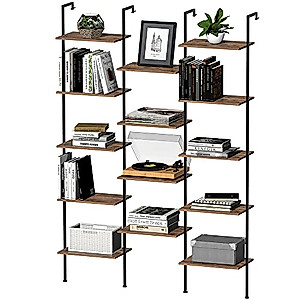 Tohomeor Triple Wide Bookshelf Wall Mounted 5-Tiers Ladder Book Shelf Industrial Wooden and Metal Bookshelf Open Display Storage Rack for Living Room Bedroom Home Office (Rustic Brown, Large)