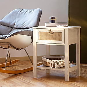 SICOTAS White Nightstand Set of 2,Rattan Decor Drawer with Brass Knobs Night Stand Wood Bedside Table Boho End Tables Side Tables with Storage Shelf