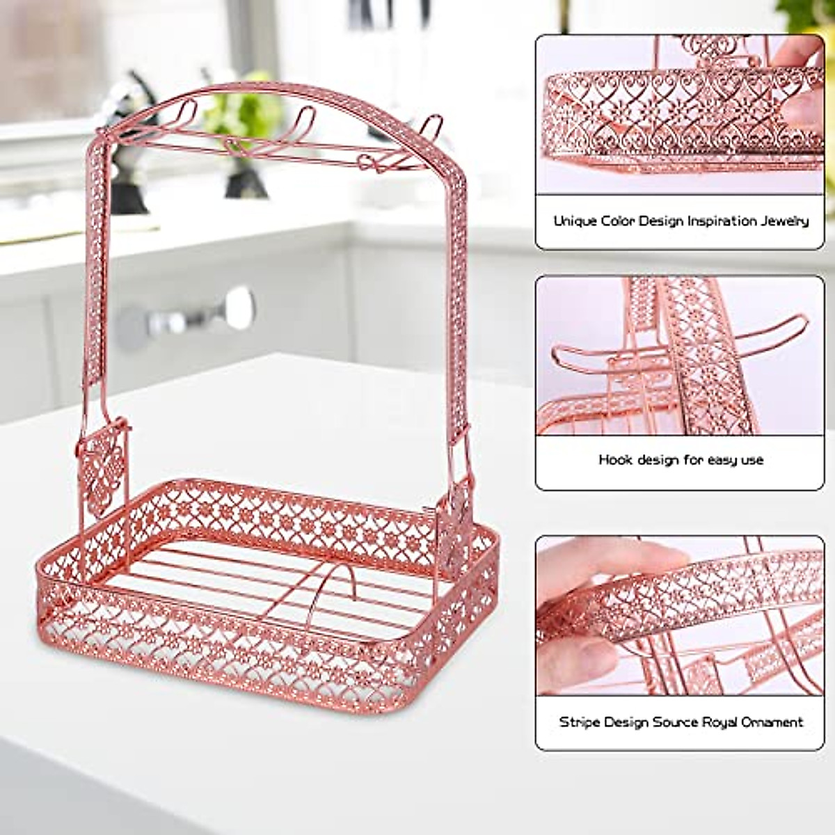 OLDCAT Wrought Iron Coffee Mug Holder Stand Dishes Organizer Rack for Counter with drainboard for Kitchen Restaurant Office(Rose Gold)