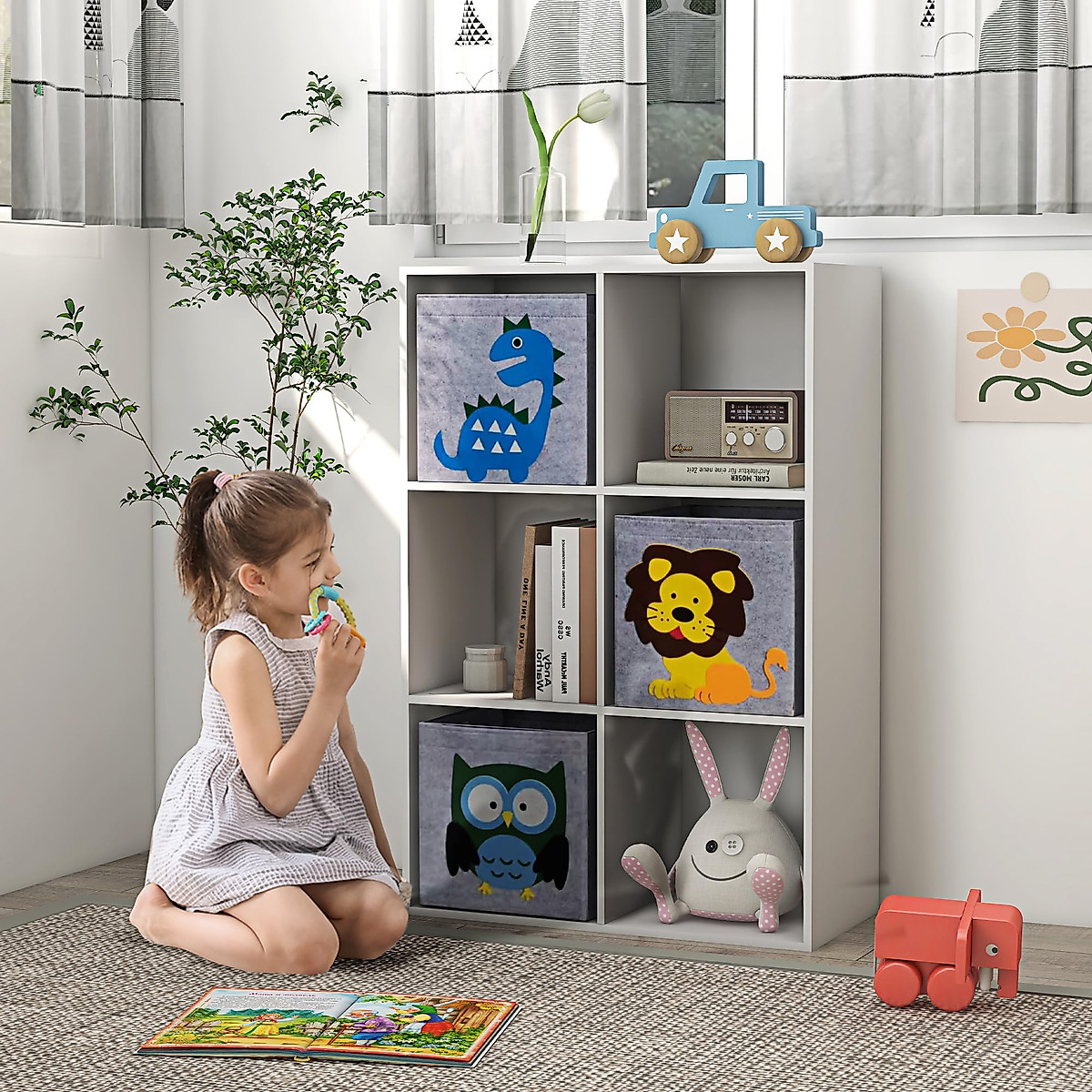 Qaba Children's Toy Organizer, Toy Storage with 3 Storage Bins and Cute Animal Design, Toy Shelf for Kids 3+ Years Old, White