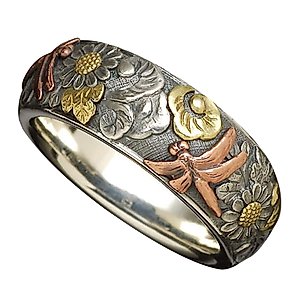 Vintage Silver and Rose Gold Color Carved Dragonfly Sunflower Ring Unique Metal Flower Rings Women Engagement Party Ring Jewelry