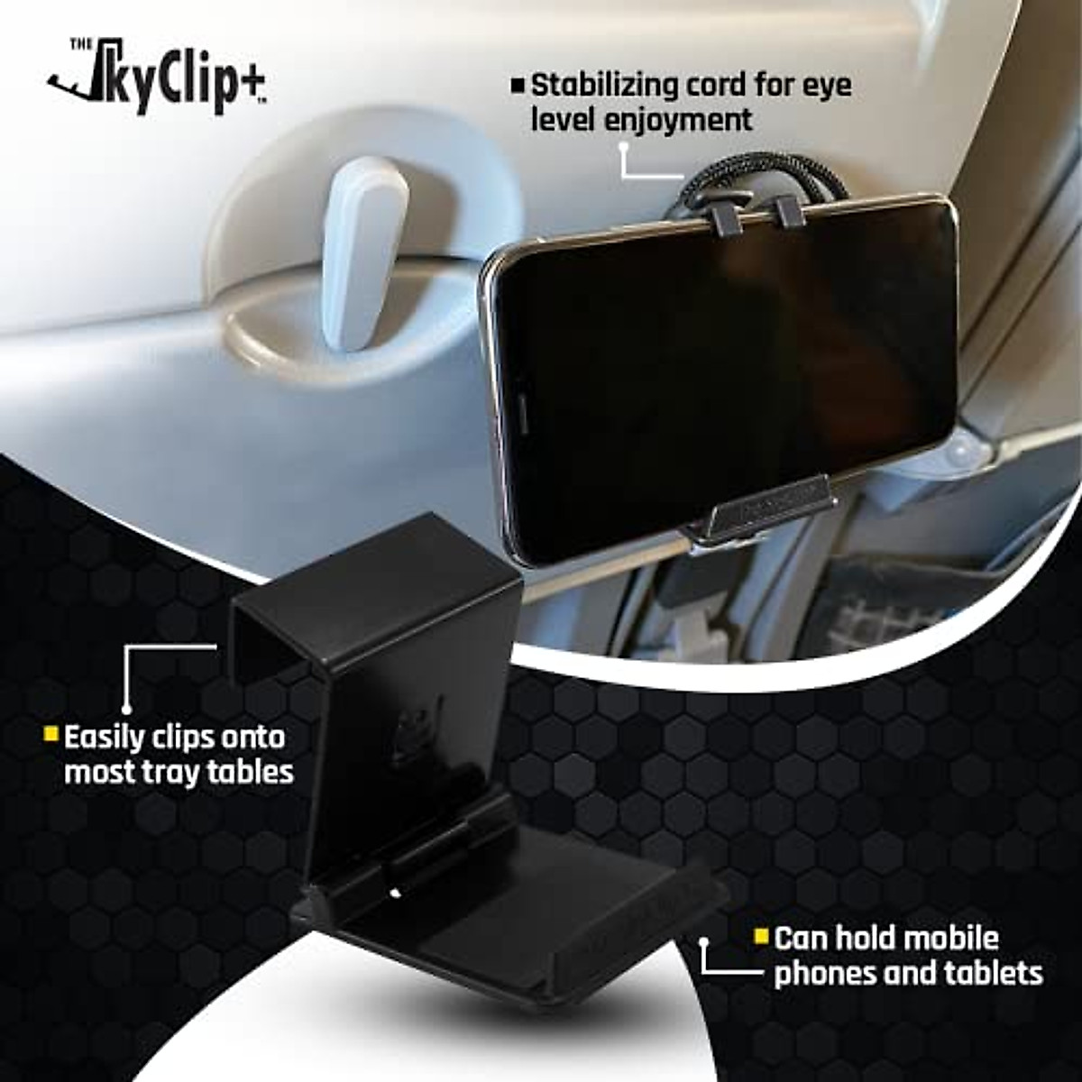 The SkyClip+ Phone & Tablet Holder for Air Travel, Home and Office Use - Inflight Phone Mount & Stand Compatible with iPhone, Android, Kindle and Tablets - Ultimate Travel Accessory (Black)