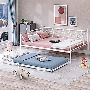 Full Size Daybed with Trundle Heavy-Duty Metal Day Bed Frame with Twin Size Adjustable Trundle Beds for Living Room Bedroom, White(Circle Pattern)