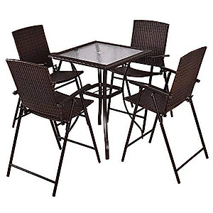 Tangkula 5 Pieces Patio Dining Set, 4 Folding Wicker Sling Chairs and Square Glass Top Table Set, with Umbrella Hole, Suitable for Apartment Balcony, Lawn, Garden and Poolside