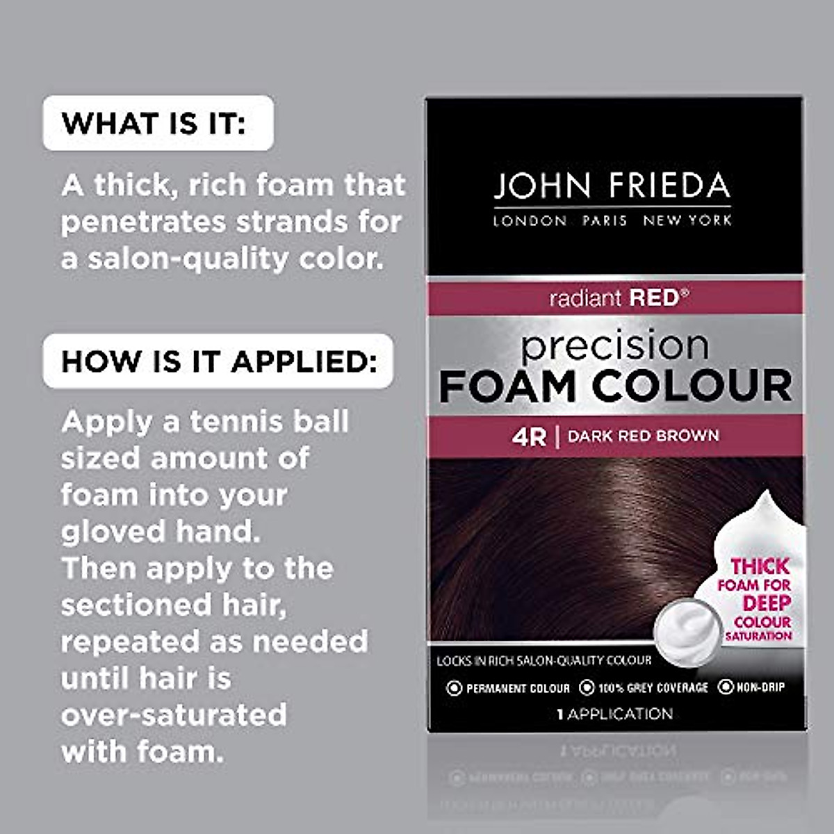 John Frieda Precision Foam Colour, Dark Red Brown 4R, Full-Coverage Hair Color Kit, Anti-Fade Gray Coverage, Deep Color Saturation Hair Dye, 1 Application