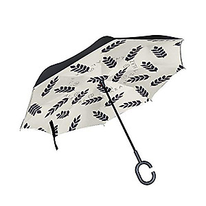 Nander Leaves Double Layer Inverted Umbrellas Reverse Folding Umbrella Windproof UV Protection Straight Umbrella Inside Out Upside Down for Car Rain Outdoor with C-Shaped Handle