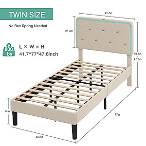 VECELO Upholstered Twin Bed Frame with Headboard Adjustable, Velvet Platform Bed with LED Lights, Charging Station, Mattress Foundation with Wooden Slats, Noise Free, No Box Spring Needed, Beige