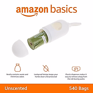 Amazon Basics Dog Poop Bags with Dispenser, 540 Count, Enhanced for Guaranteed Leakproof, Unscented, Includes Leash Clip