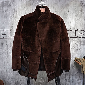 Men Shearling Jacket Military Style American Pilot's Leather Clothing Red Brown Aviator B3 Sheepskin Jacket (M, Brown)