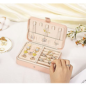 Voova Small Jewelry Organizer Box, Travel Jewelry Case for Women Teen Girls, Mini PU Leather Portable Jewellery Storage Boxes Holder with Smart Earrings Plate for Necklaces Rings Bracelets, Pink