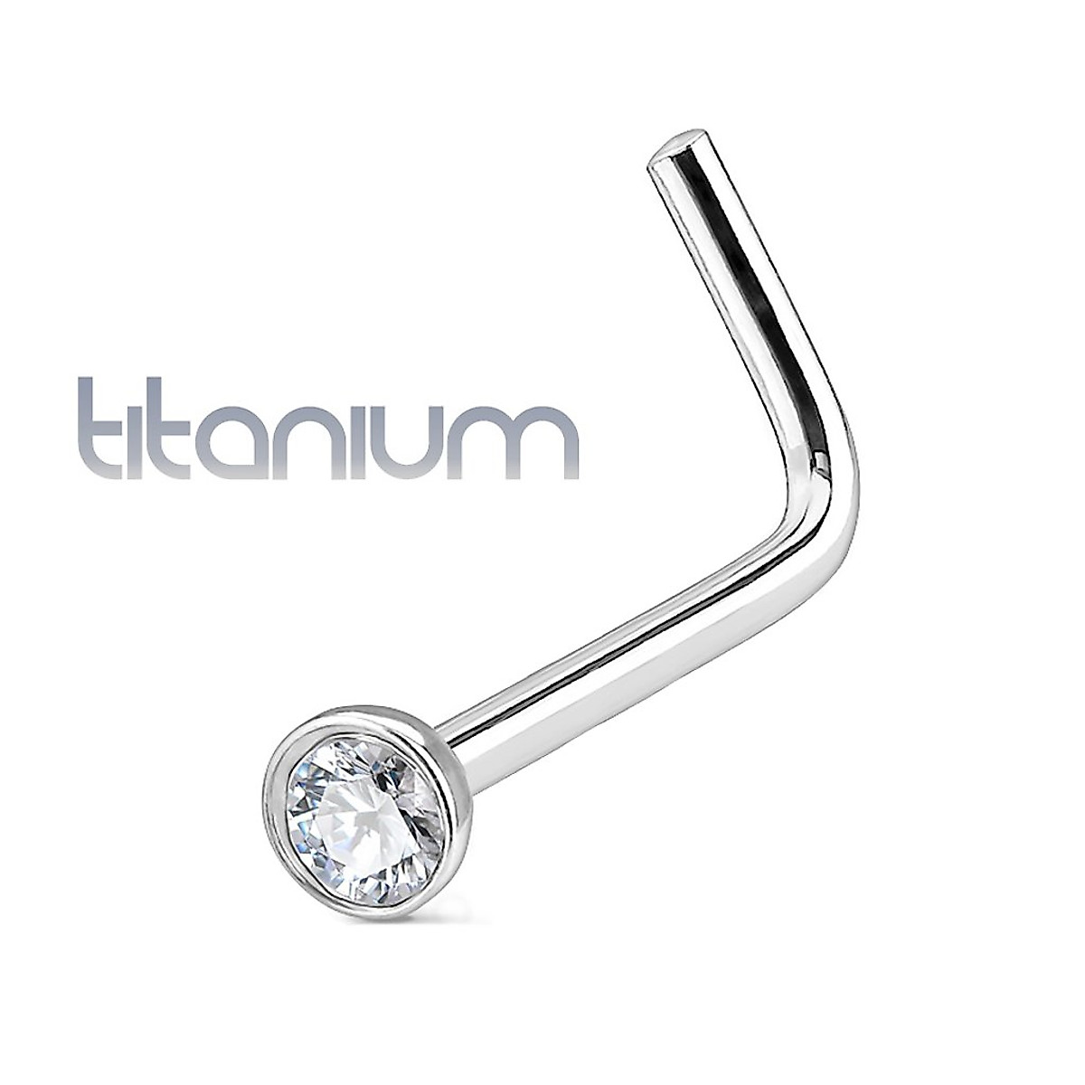 FIFTH CUE Solid Grade 23 Titanium Press Fit Cubic Zirconia 2.5mm Micro Ball Top L bend Stud Nose Ring (20G)
