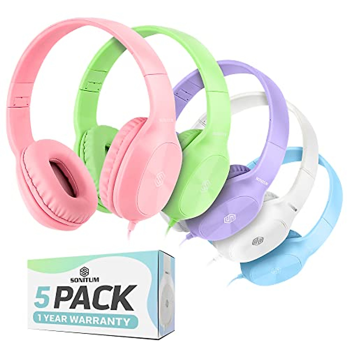 Sonitum Kids Headphones for School Bulk Set 5-Pack On-Ear, 3.5mm, Wired Headphones for Schools & Libraries – Adjustable, Cushioned Wired Kids Headphones – School Headphones for Kids, (Mixed Colors)