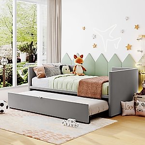 Upholstered Daybed with Extendable Trundle, Twin to King Size Design, Velvet Upholstery Daybed Sofa Bed for Bedroom Guest Room Living Room, Maximize Space (Gray-Ex)