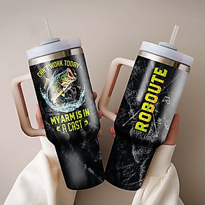 WAZONE Personalized Fishing 40oz Tumbler with Handle and Straw Lid Can't Work Today My Arm Is In A Cast Stainless Steel Travel Mug Birthday Christmas Gifts for Men Fisherman Fishing Lovers