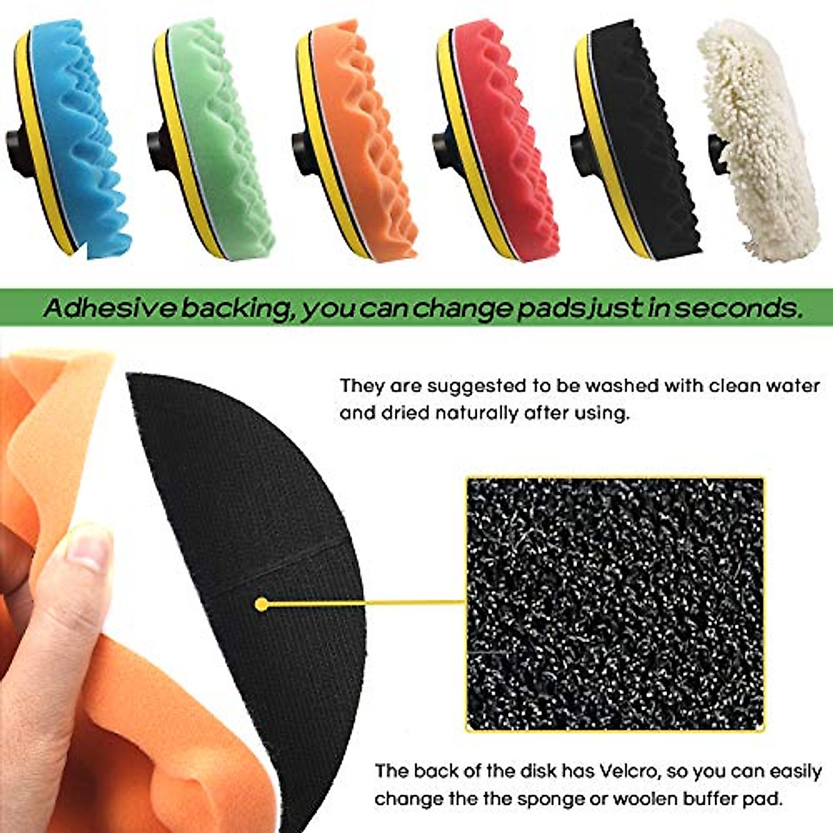 OTUAYAUTO 7 inch Buffing Polishing Pad - 5pcs Waffle Foam, 1pc Wool Polishing Pad and a M14 Threaded Polisher Grip Backing Plate