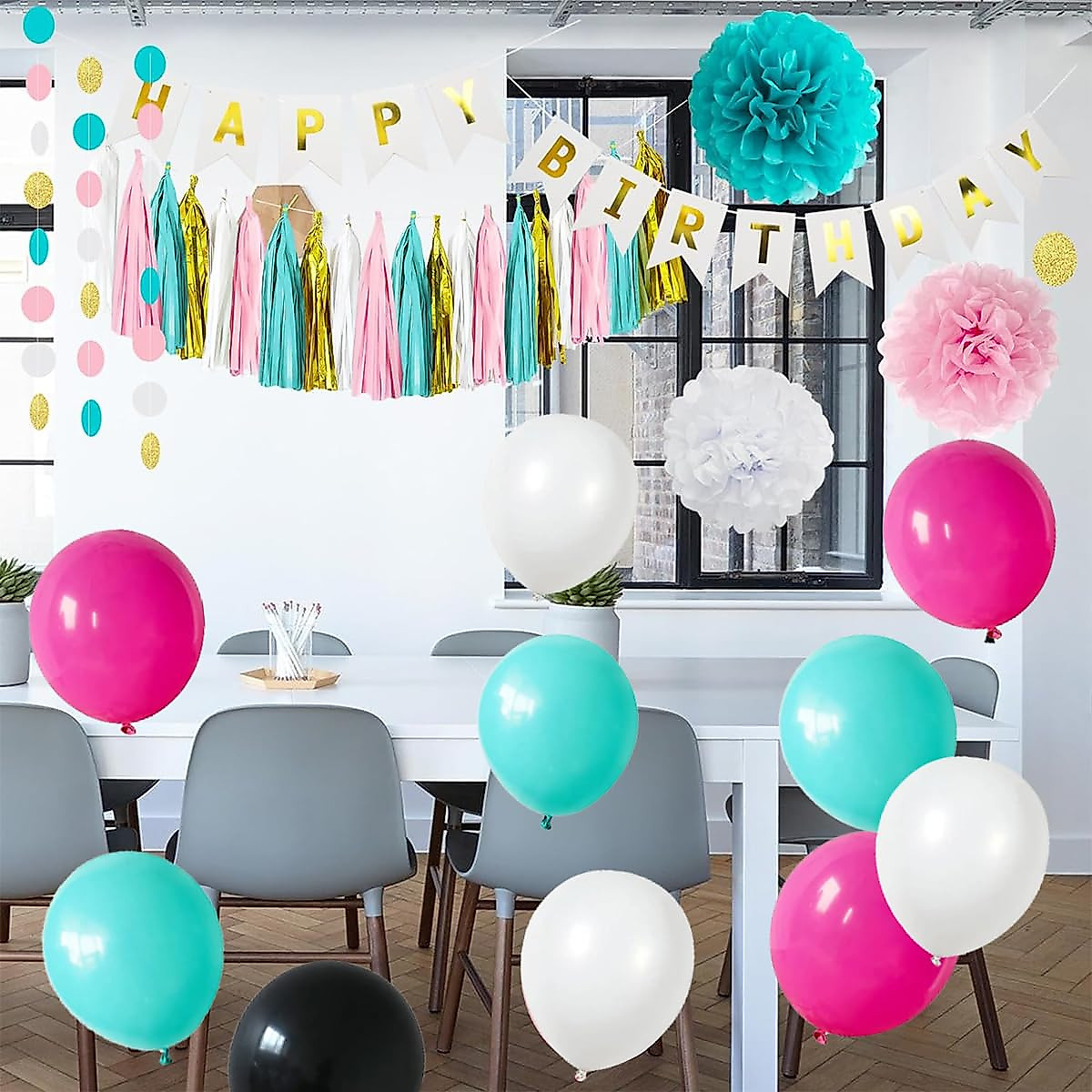 Hot Pink Black Teal Blue White Balloon garland arch, 122PCS Turquoise Blue Balloons Rose Red Balloons for Birthday Wedding Engagement Anniversary Bridal Shower Grown Up Party Decorations