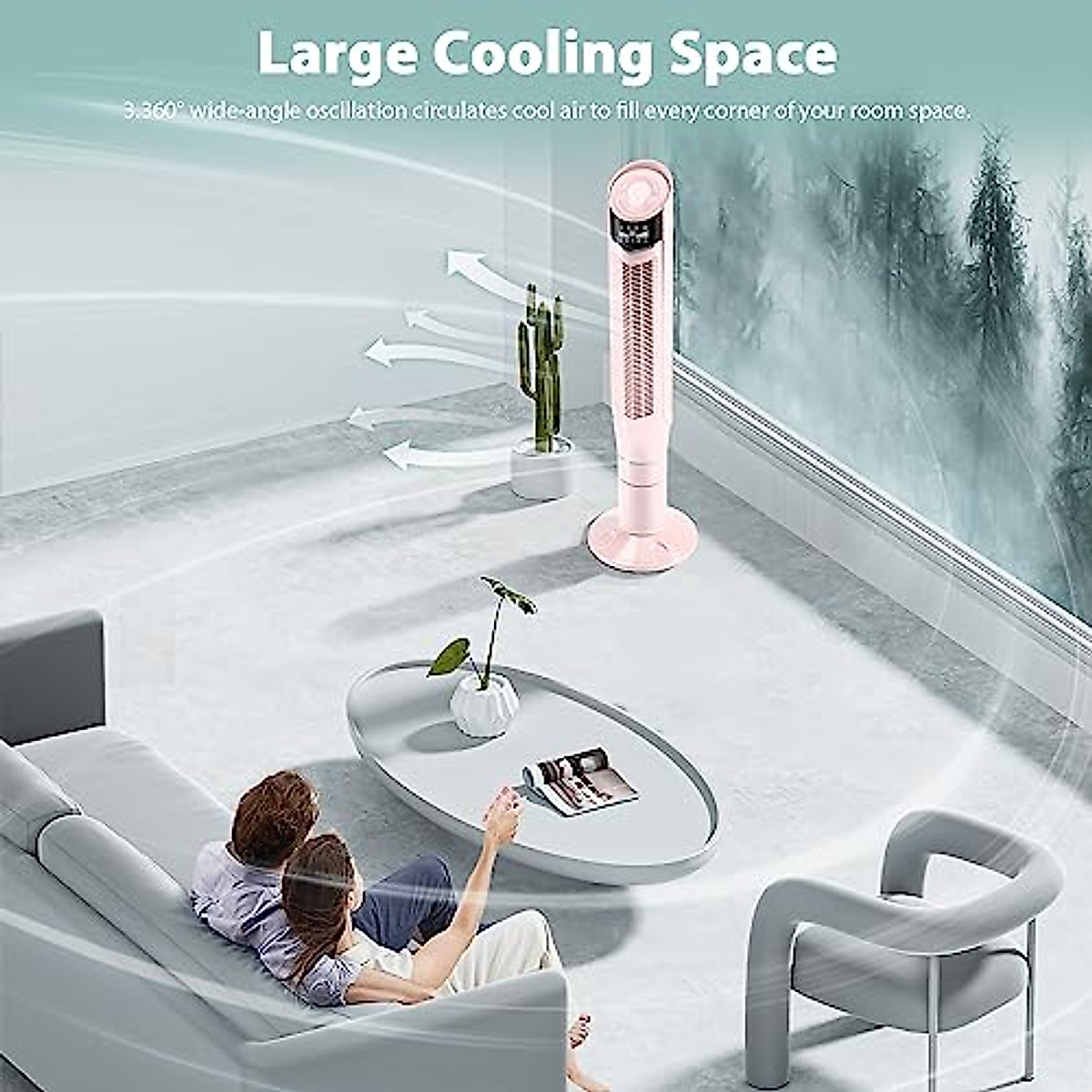Antarctic Star Tower Fan 360°Oscillating Fan Quiet Cooling 24H Timer Remote Control Powerful Standing 8 Wind Speed 3 Wind Modes Ionizer Mode Bladeless Portable LED Display,Bedroom 47-Inch Pink
