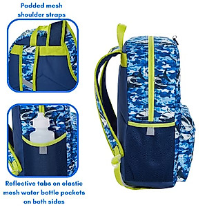 RALME Ocean Blue Camo Shark Backpack Set for Boys, 16 inch, 6 Pieces - Includes Foldable Lunch Bag, Water Bottle, Key Chain, & Pencil Case
