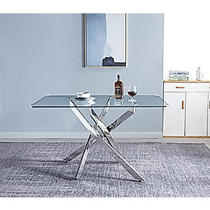 Rectangular Glass Dining Table, Modern Rectangular Dining Table with Tempered Glass Top, 4 Silver Chrome Metal Legs, Dining Room Table for 6,Kitchen Table,Coffee Table for Living Room (Silver)
