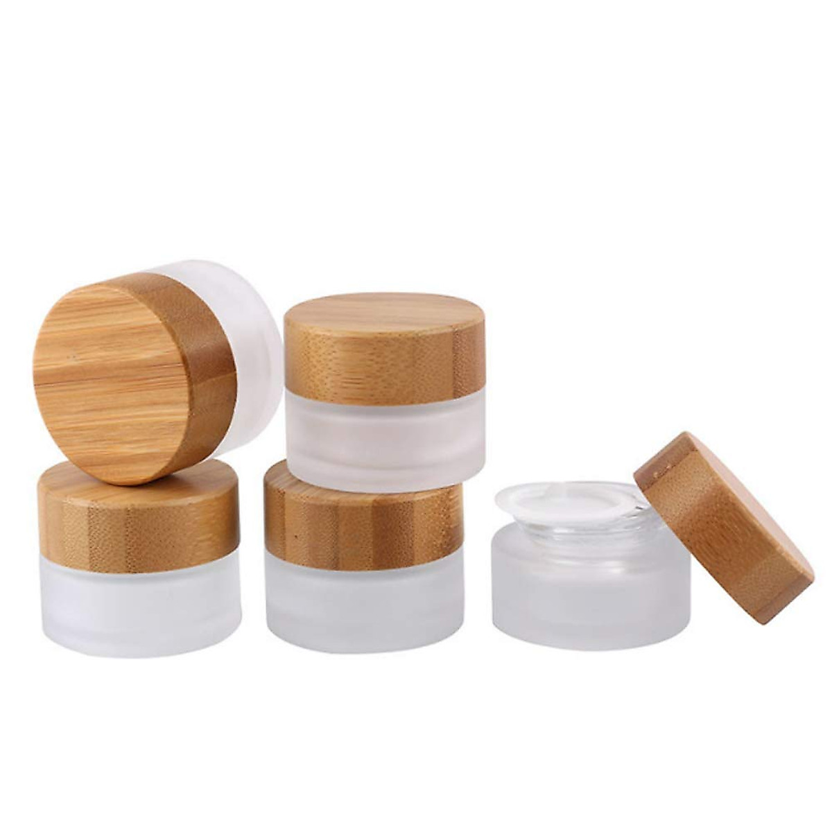 2 Pack 15ml 0.5oz Empty Refillable Round Frosted Glass Cream Jar Cosmetic Storage Container Pot Sample Jars Bottle with Natural Bamboo Lid and Inner Liners for Cream Lotion Lip Balm