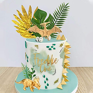 16 PCS Metallic Gold Dinosaur Cake Decorations Dino Theme Cake Topper with Artificial Palm Leaves Dinosaur Eggs for Kids Boys Girls Baby Shower Birthday Party Supplies