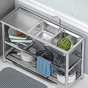 Commmercial Restauant Sink, Stainless Steel Sink Double Bowl Sink Free Standing Sink Compact Wokstation 2 Tier Storage Rack for Commmercial for Restauant Bar Light Duty (47.3Inch)