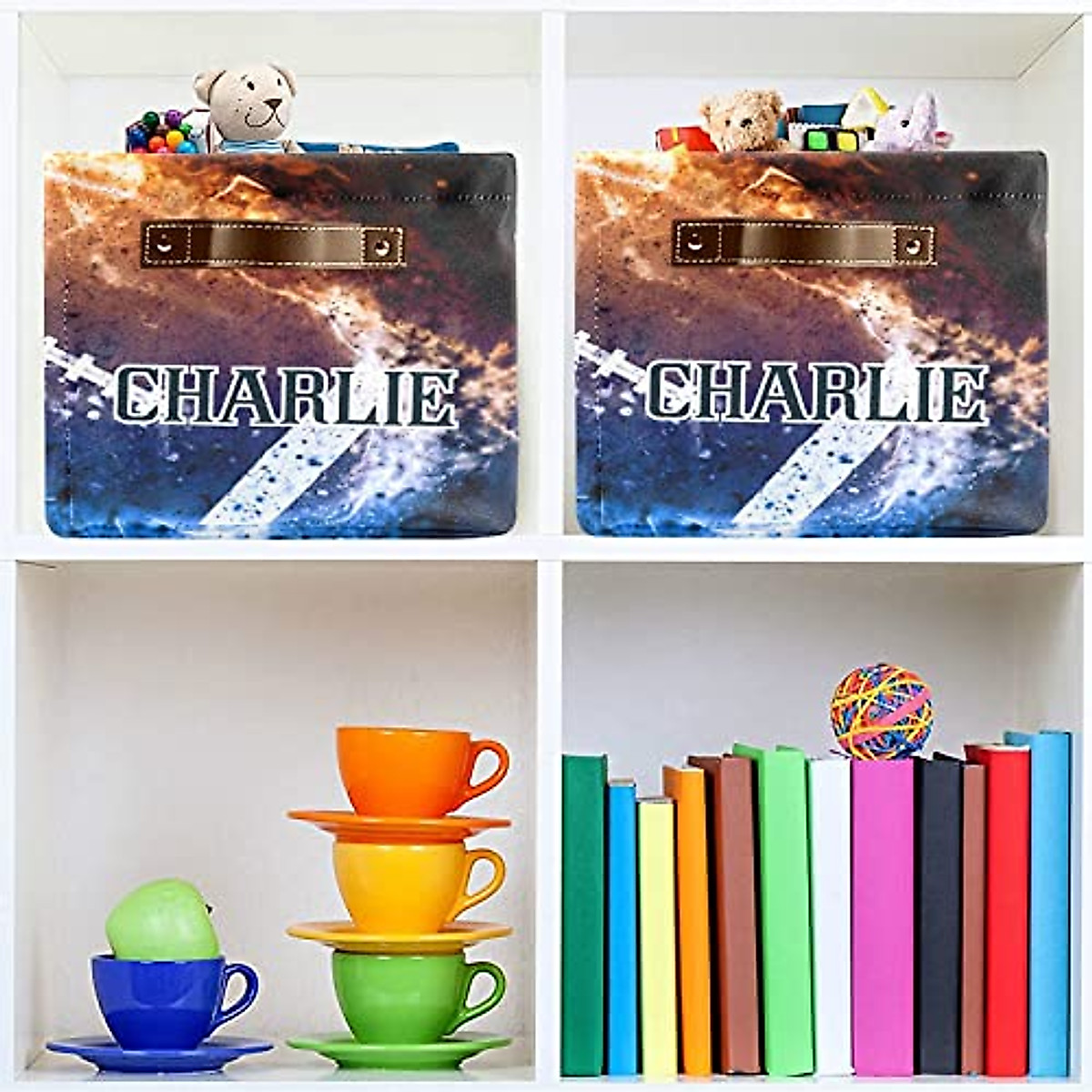Space Football Personalized Storage Basket ,Custom Storage Bins Cubes Organizer with Handle for Bedroom Wardrobe,Nursery,Basket 2 Pack