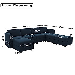 Belffin Modular Sectional Sofa U Shaped Sectional Couch with Reversible Chaises Velvet Modular Sofa with Storage Seat Blue