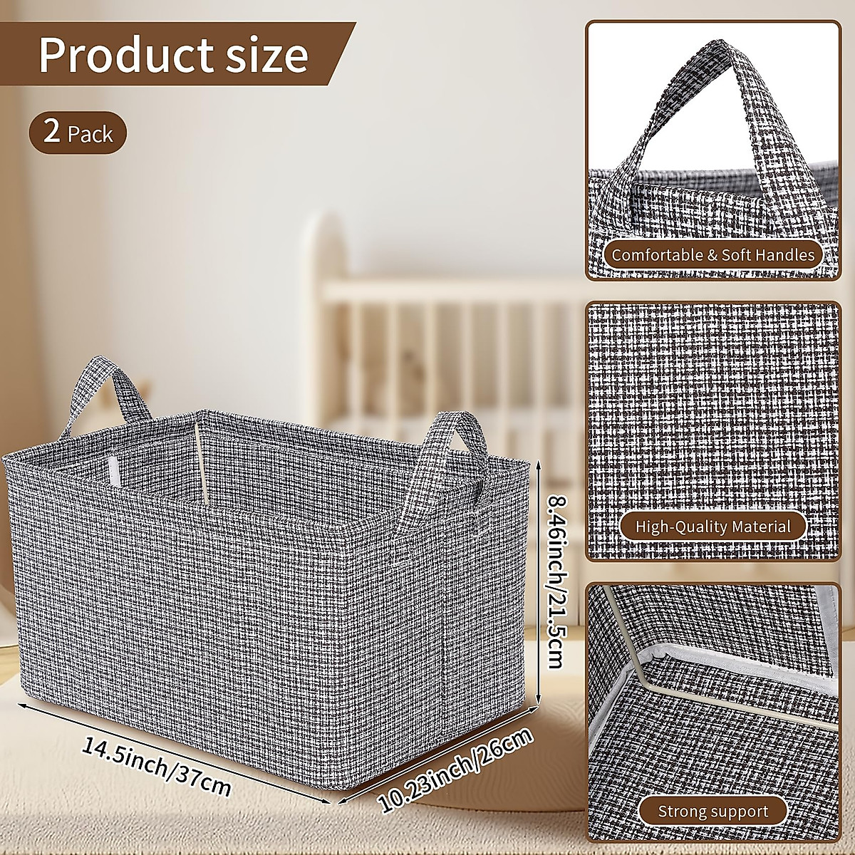 GOMAJI Storage Bins, Fabric Storage Baskets with Handles, Closet Organizer Bin for Clothes, Toys, Books, Nursery, Home Office, Black & White, 2-Pack, 14.75" L x 10.25" W x 8.25" H