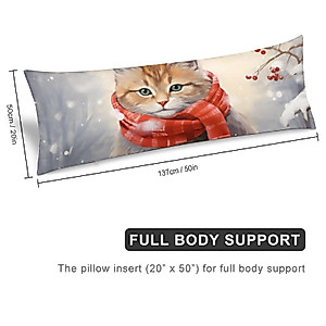 MaSiledy Wintery Cat with Red Scarf Body Pillow Pillowcase 20-Inch X 54-Inch Printed Pillow Cover Christmas Body Pillow Case with Hidden Zipper Closure for Decoration Sofa Couch