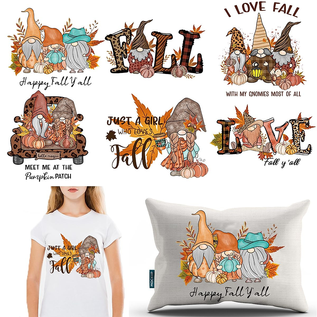 6 Sheets Thanksgiving Heat Transfers Vinyl Fall Iron On Transfers for T-Shirts Autumn Pumpkin Maple Leaf Gnome Design HTV Viny Appliques Sticker for Jean Pillow Cover DIY Decorations