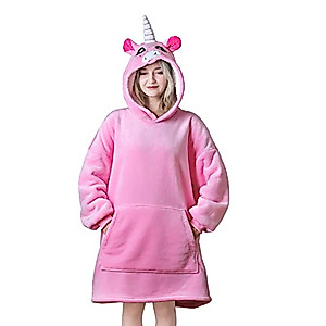Queenshin Pink Unicorn Oversized Hoodie Wearable Blanket for Womens Girls, Kawaii Adults Comfy Sherpa Hoody Sweatshirt Robe with Ears, One Size