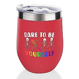 Mighun Dare To Be Yourself Rainbow Skull Wine Tumbler with Lid, LGBT Pride Gay Lesbian Vacuum Coffee Tumbler, Gay Pride Stemless Insulated Wine Glasses Cup for Champaign, Cocktail, Beer