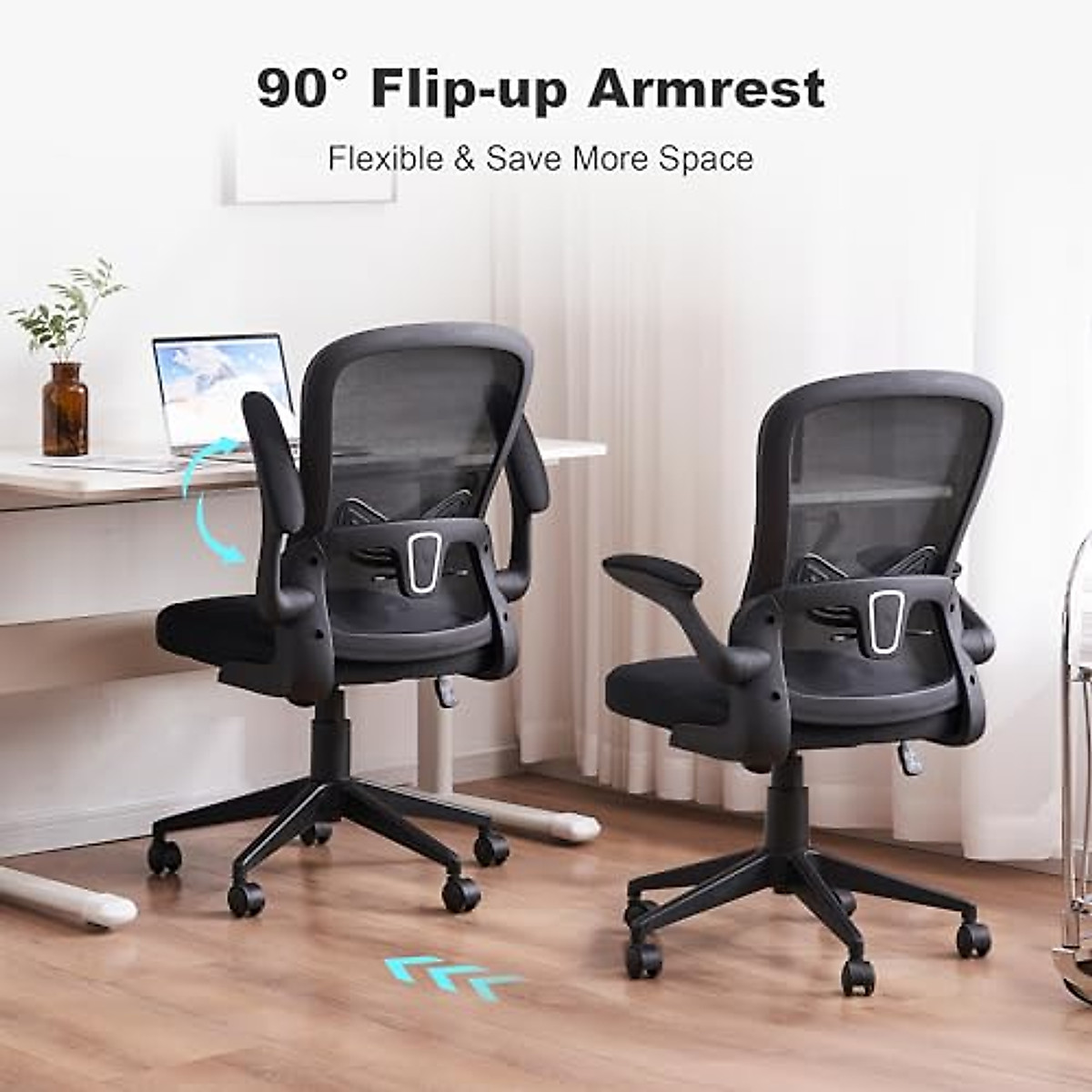 HMeeZnn Ergonomic Office Chair, Desk Chairs with Wheels Mesh Computer Chair Mid Back Swivel Chair with Adjustable Armrest Lumbar Support for Home Office Executive Work Study, Black