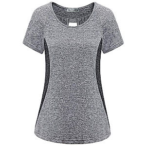 MISS FORTUNE Womens Exercise Tops Short Sleeved Moisture Wicking Atheltic T-shirt Plus Size Gym Shirts for Yoga Grey Pilates Clothes Medium