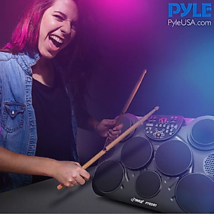 Pyle Portable Drums, Tabletop Drum Set, 7 Pad Digital Drum Kit, Touch Sensitivity, Wireless Electric Drums, Drum Machine, Electric Drum Pads, LED Display, Mac & PC - PTED01