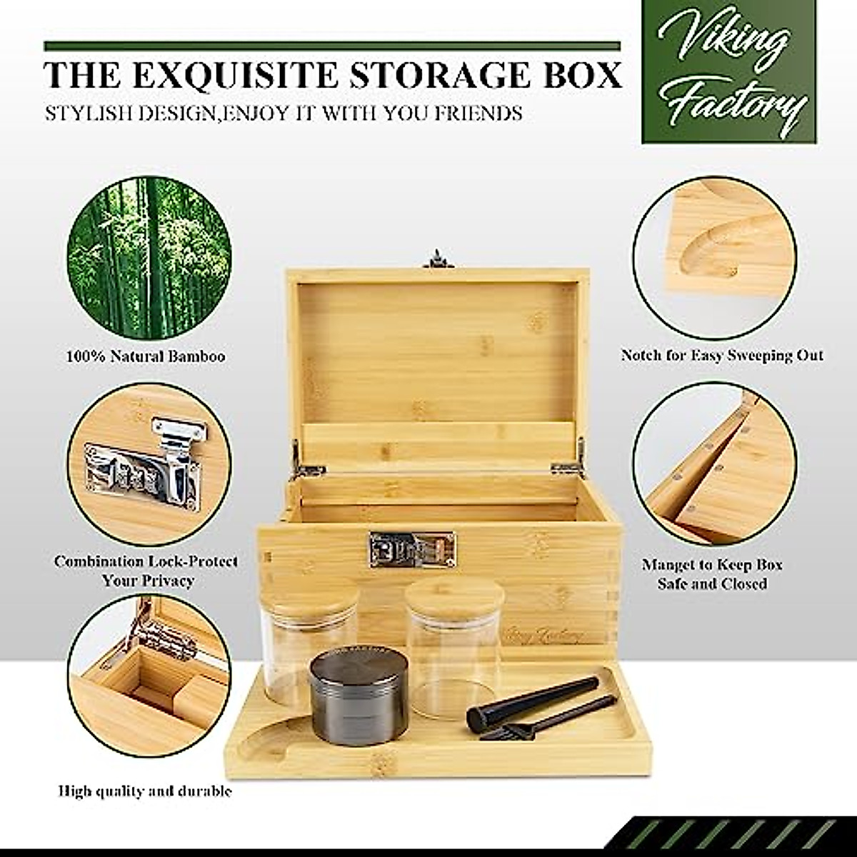 Viking Factory Large Bamboo Box with Combination Lock Decorative Box for Home Locking Storage Box -Premium Removable Tray, With Glass Jar