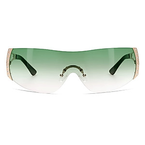 VANLINKER Wrap Around Y2K Sunglasses for Women Men Trendy Oversized Futuristic Sun Glasses Fashion Shield Flat Top Shades Green Frame Green Lens With Rhinestones