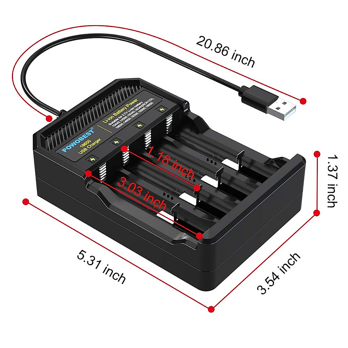 POWOBEST 18650 Battery Charger, 4 Bay USB Smart Universal Battery Charger Compatible with 3.7V Li-ion IMR INR 14500 14650 18350 18500 18650 RCR123A 18490 16340 17670 POWO18B Batteries Charger