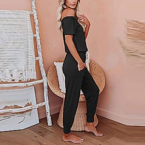 Bblulu Womens Casual Short Sleeve Off Shoulder Jumpsuits Solid Color Drawstring Elastic Waist Jumpsuit Romper with Pockets