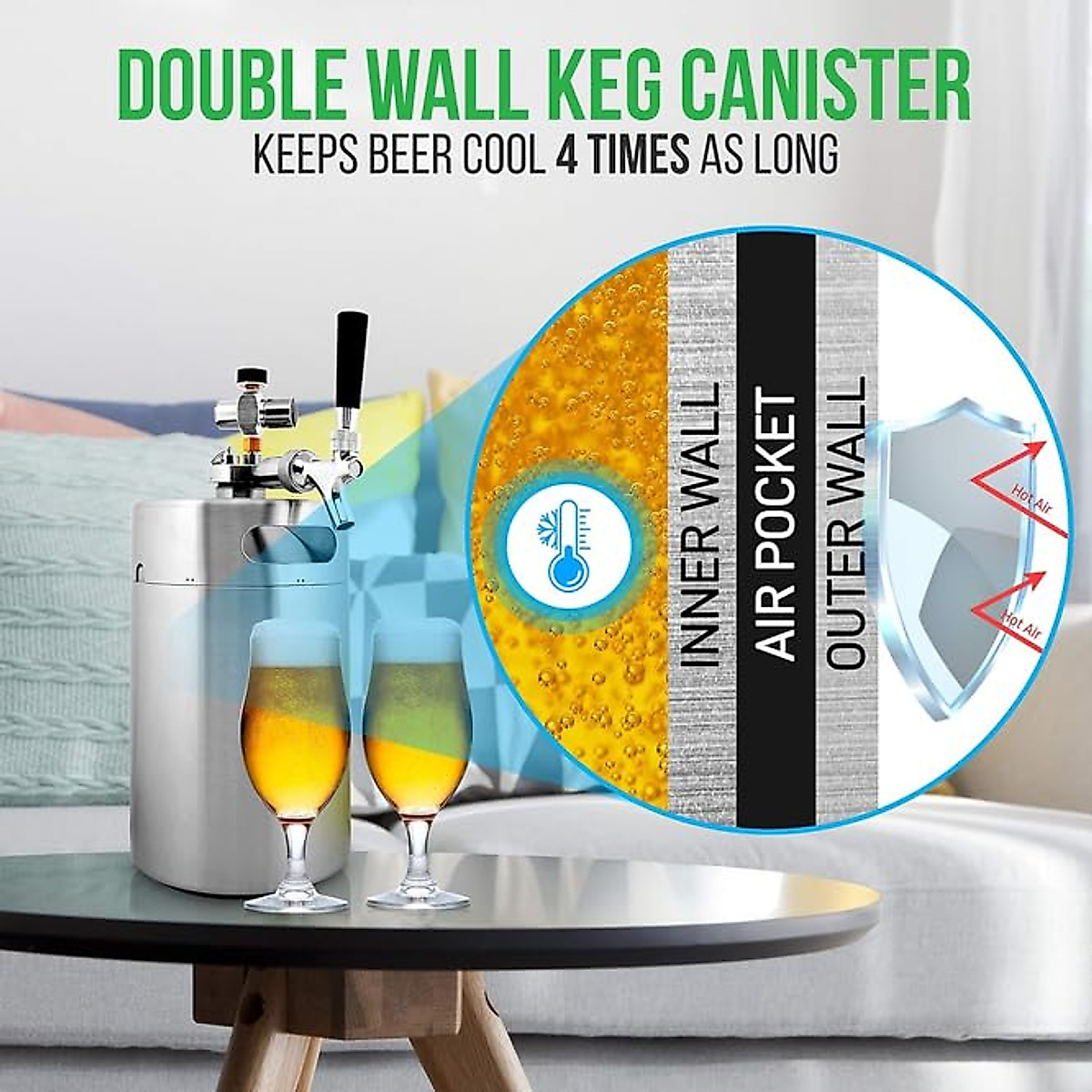 NutriChef Pressurized Growler Tap System, 128oz Double-Walled Stainless Steel Mini Keg Dispenser Portable Kegerator Kit, Co2 Pressure Regulator Keeps Carbonation for Craft Beer, Draft and Homebrew