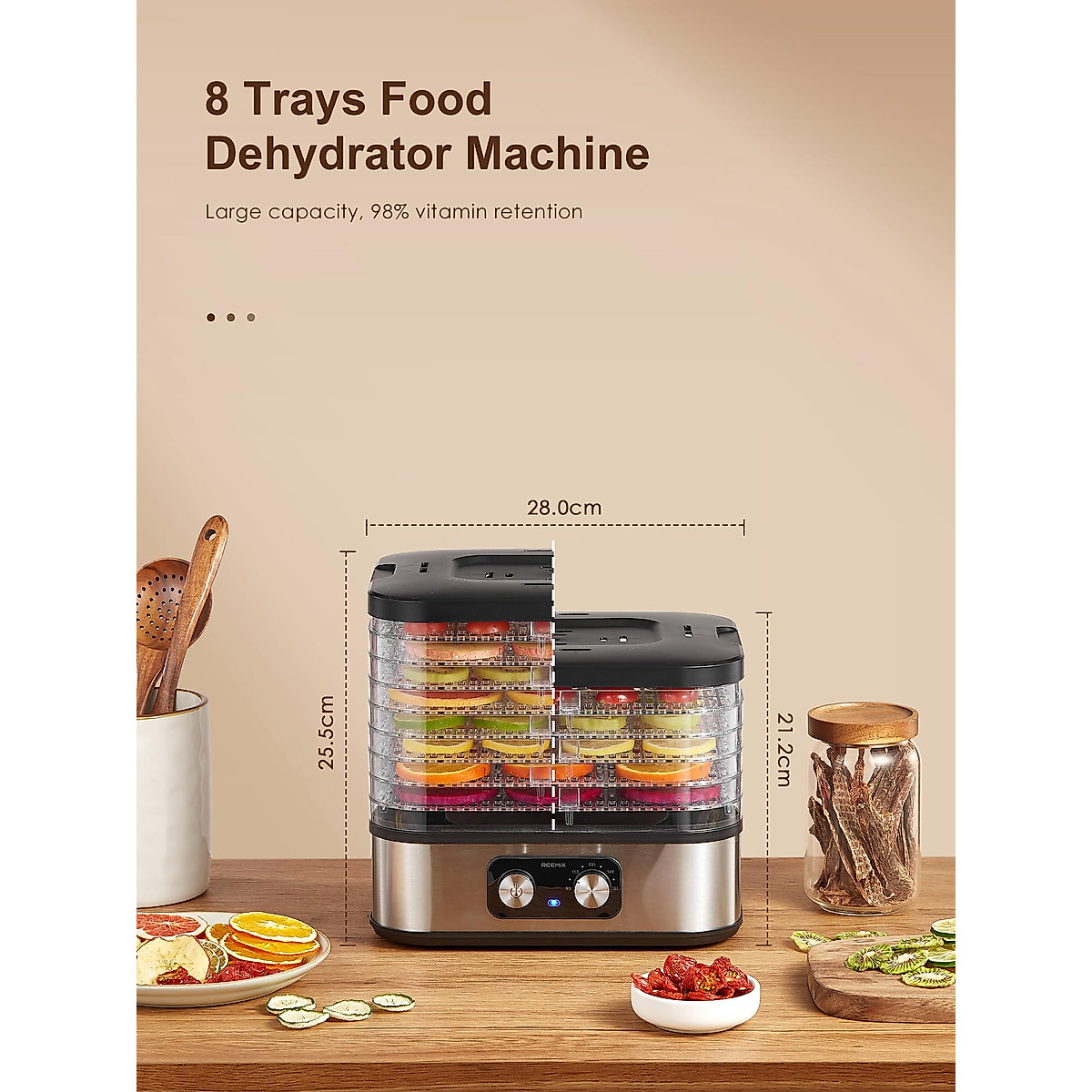 Reemix Electric 8 Trays Food Dehydrator Machine, 400W Jerky Dryer with Temperature Control 95-176℉, Electric Food Preserver for Fruits, Veggies, Meats & Dog Treats