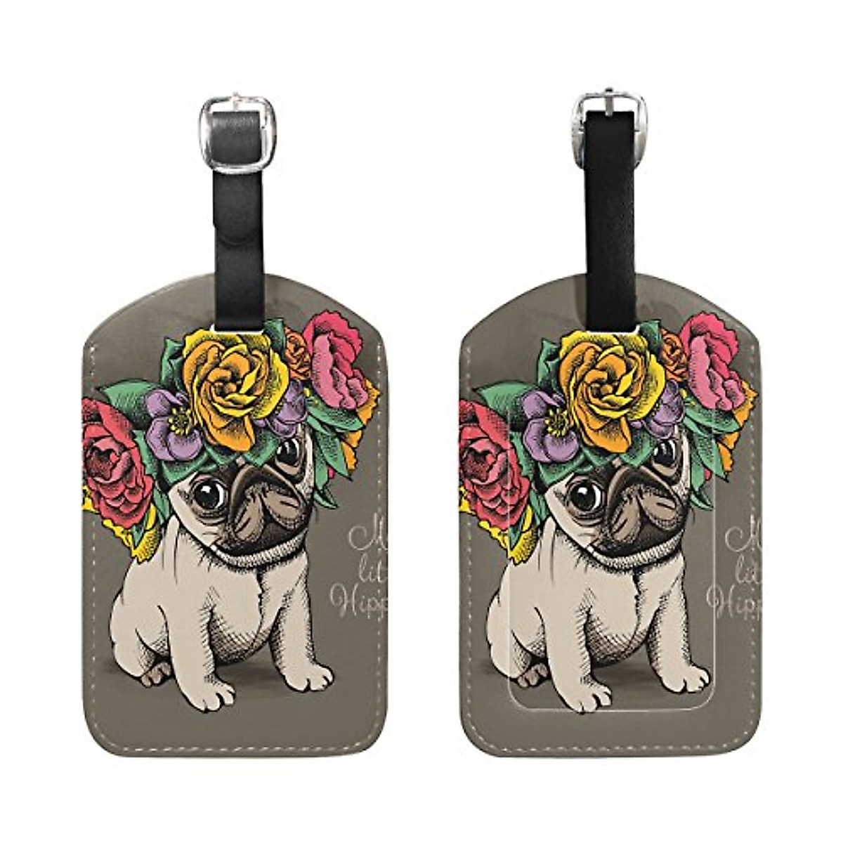 ALAZA Hippie Pug Dog Floral Luggage Tag for Baggage Suitcase Bag Leather 1 Piece