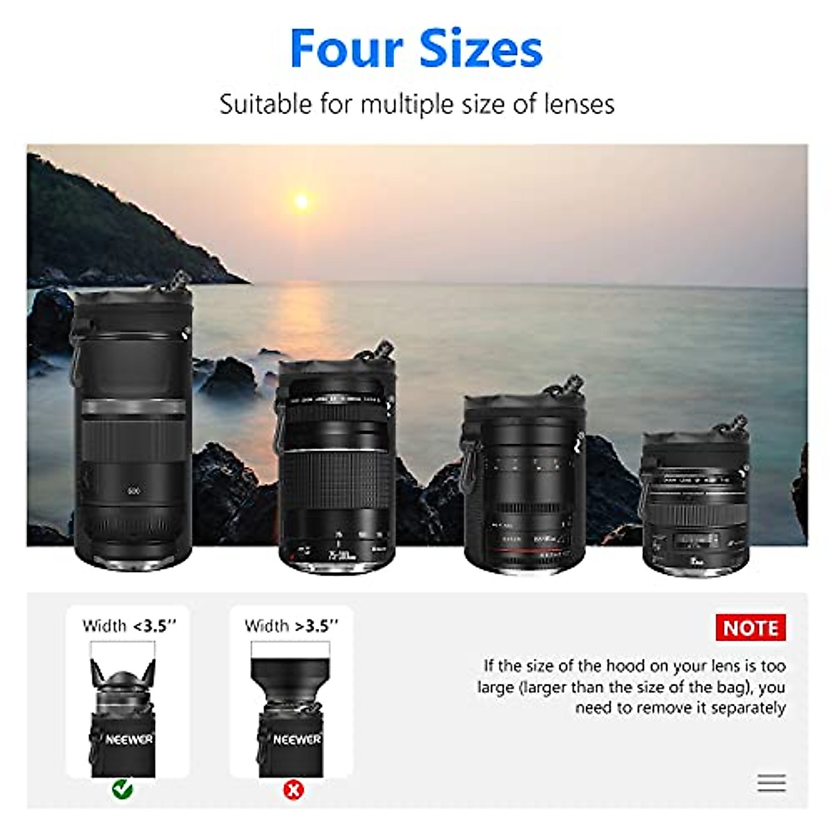 Neewer 4X Lens Case Lens Pouch Bag with Thick Protective Neoprene for DSLR Camera Lens (Fit for Canon, Nikon, Sony, Olympus, Panasonic) Includes: Small, Medium, Large, XL Size