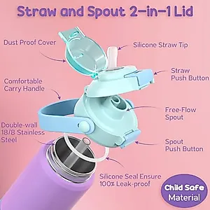 Kids Water Bottle with Straw & Chug(2-in-1 Lid), 14oz Kids Insulated 18/8 Stainless Steel Water Bottle for School Girls Boys Toddler Water Bottle Leak Proof & Spill Proof Kids Cups (1, B2.Purple)