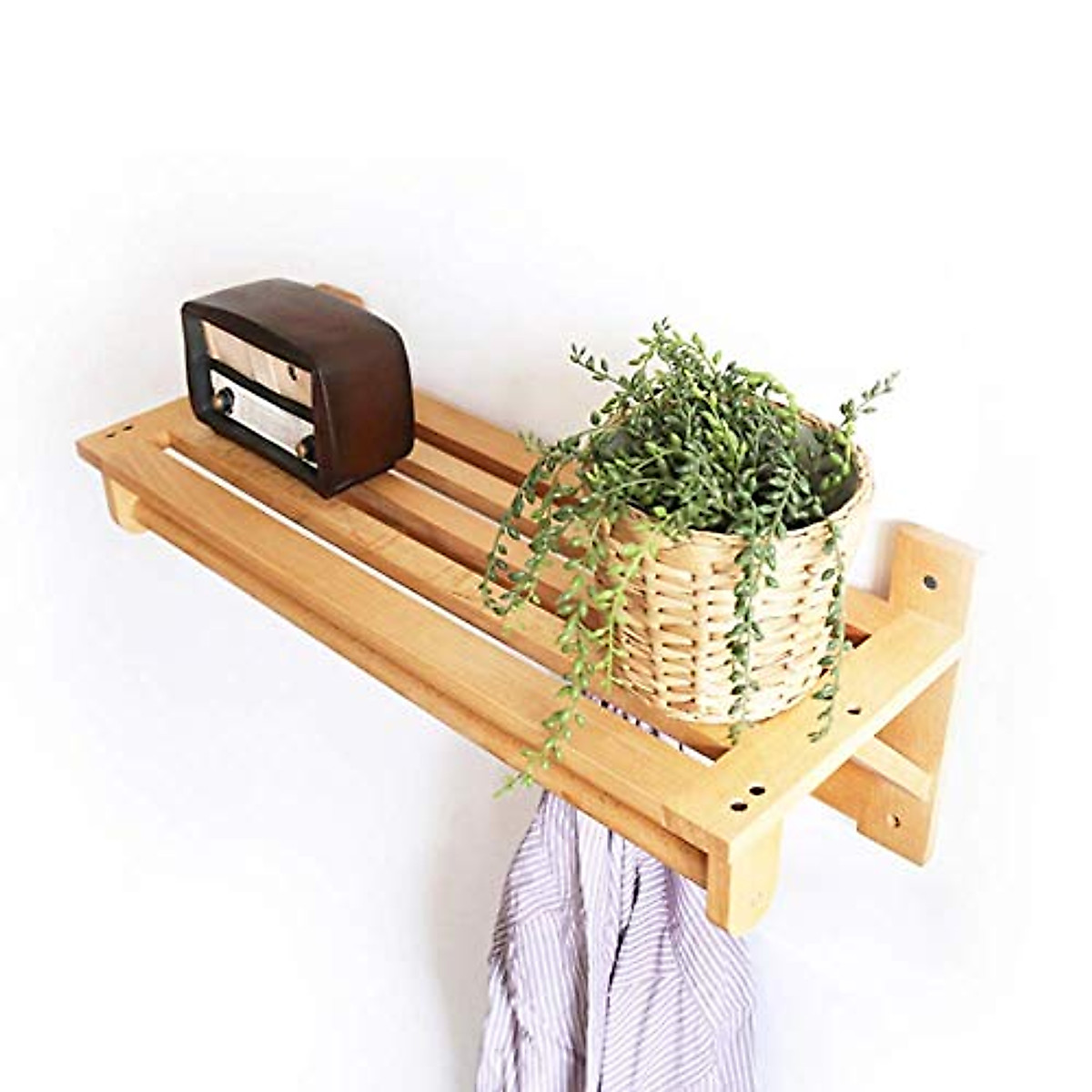 PIBM Stylish Simplicity Shelf Wall Mounted Floating Rack Shelves Solid Wood Coat Rack Bedroom Living Room Hangers Simple Save Space, Wood , 60x23.5x23.2cm
