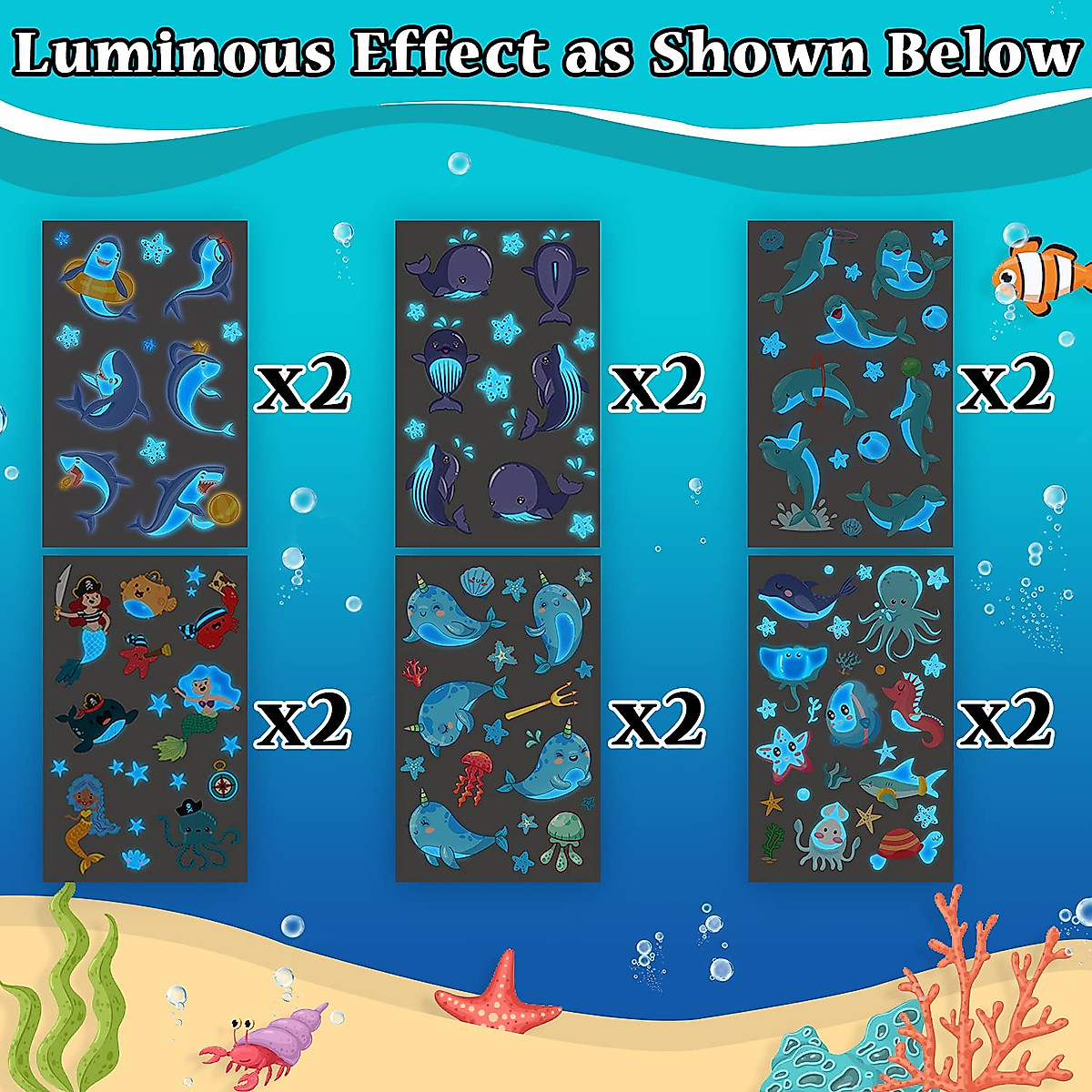 Partywind Luminous Blue Under Sea Temporary Tattoos for Kids, 170 Styles Glow Ocean Beach Pool Birthday Party Decorations Supplies Favors, Fake Tattoo Stickers for Kids Gifts (12 Sheets)