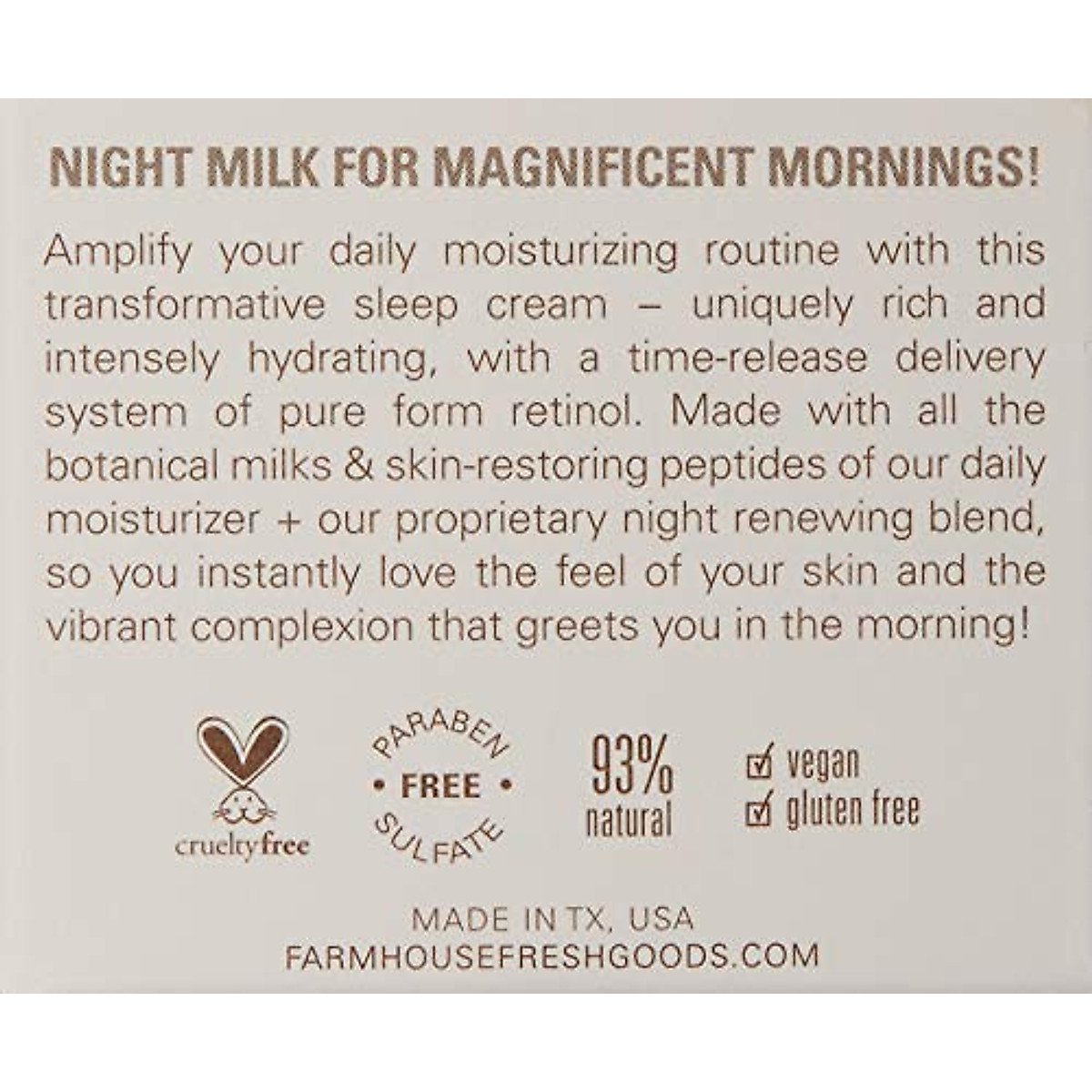 FarmHouse Fresh Face Moisturizer, Anti-Aging Cream. Hydrating Peptide Overnight Cream, Three Milk Ageless Sleep Cream. 1.7 Fl Oz